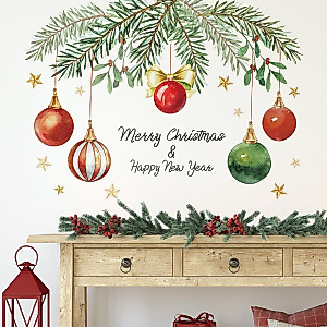 30.71 x 12.12 Inch Merry Christmas Wall Decals Happy New Year Wall Stickers Removable Christmas Fruit Light Ball Wall Decals Decor for Xmas Holiday Party Supplies Home Wall Decor