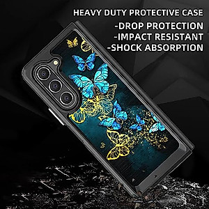NKase for Samsung Galaxy Z Fold 5 Case, Samsung Z Fold 5 Case Cute Hard Slim Cover Galaxy Z Fold 5 Case Shockproof Women Girls Men Protective Case for Galaxy Z Fold 5 5G Case, Gold/Blue Butterfly