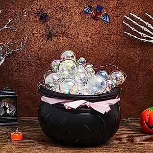Liliful Light up Bubble Cauldron DIY Set, 9.8" Black Plastic Witches Cauldron with Handle 44 Pcs Clear Plastic Balls and Warm White String Light Halloween Cauldron Candy Bowl for Halloween Decorations