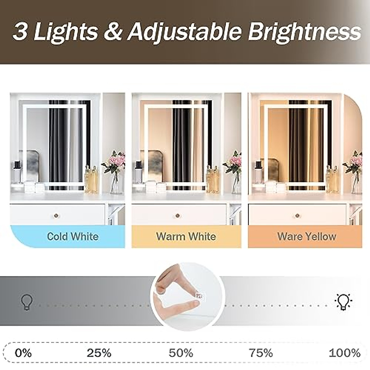 ARTETHYS Small Vanity Desk Set with 3 Adjustable Lighted Mirror and Storage Chair, Makeup Vanity Table for Small Space, White Dressing Table with Fold-up Panel for Bedroom