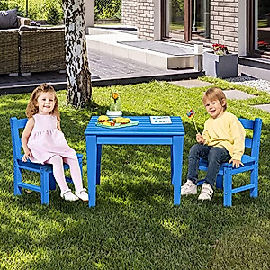 Costzon Kids Table and Chair Set, 3 Piece All-Weather Activity Table for Indoor & Outdoor, Heavy-Duty & Waterproof Furniture Set for Playroom, Nursery, Backyard, Toddler Table and Chair Set (Blue)
