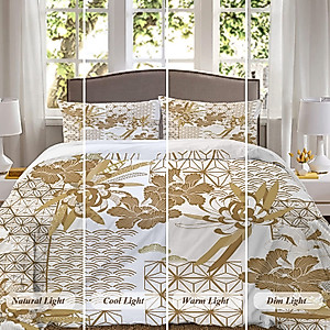 Shrahala Gold Japanese Floral Duvet Cover Set Queen Size, Spring 3 Pieces Soft Brushed 100% Cotton Duvet Covers with Button Closure, 1 Duvet Cover 90x90 inches and 2 Pillow Shams