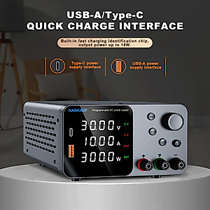 DC Power Supply, 30V 10A Bench Power Supply with Encoder Adjustment, 5V/3.6A USB&Type-C Quick-Charge, Variable Power Supply with Output Enable/Disable Button, Short Circuit Alarm (0-30V 0-10A)