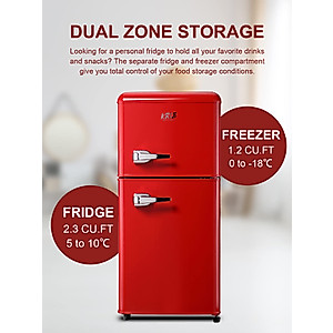 KRIB BLING 3.5 Cu.Ft Refrigerator 2 Door 7 Level Adjustable Thermostat Control Top-Freezer Refrigerator Lock Fresh Energy Saving Red (KB03-FLS-80G-RED)