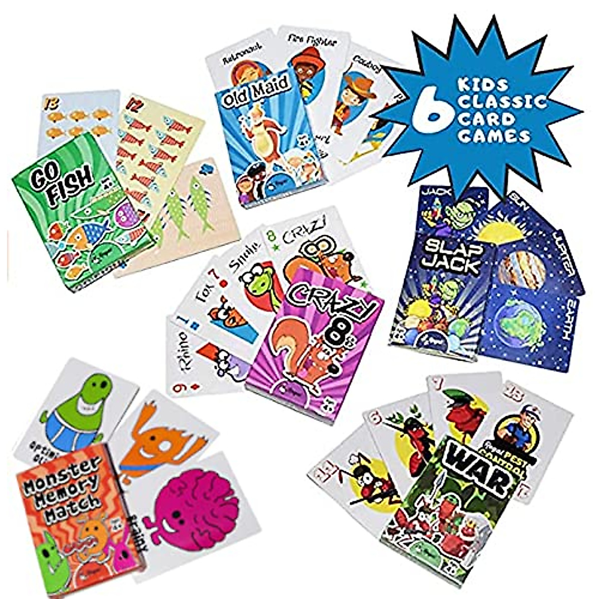 Regal Games - Kids Classic Card Games - Includes Old Maid, Go Fish, Slapjack, Crazy 8's, War, and Silly Monster Memory Match- for Family Game Nights, Parties - Set of 6 Games