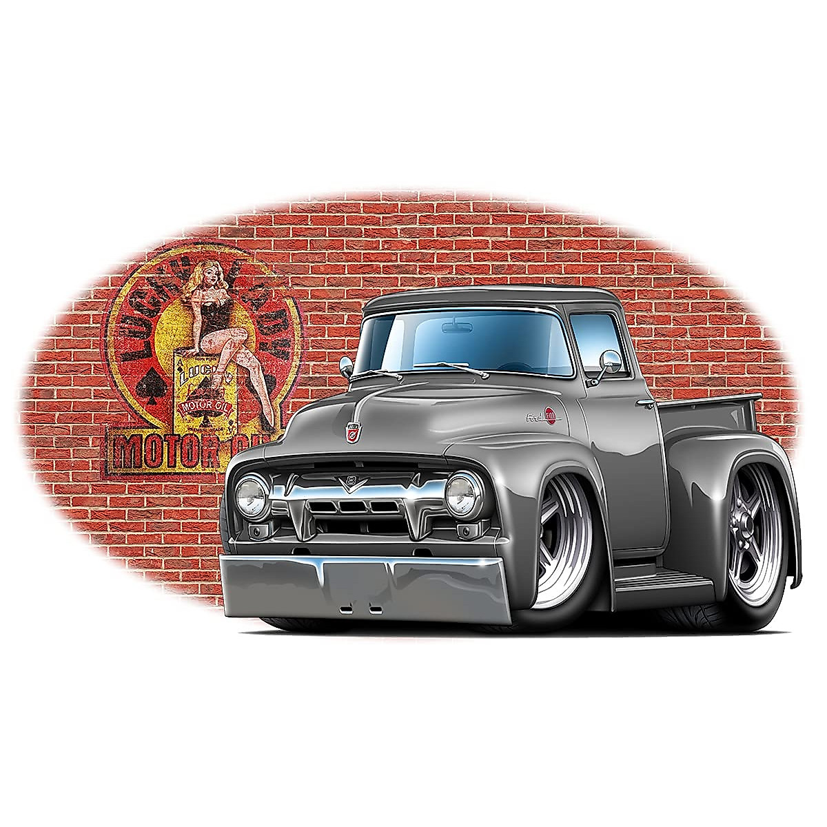 1954 Ford F100 Grey Pickup Truck Classic Brick Wall Design Full Color Tshirt Large Navy