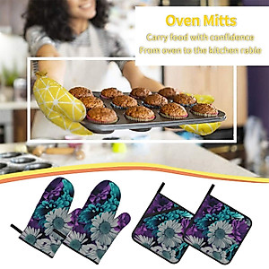 YILEQUAN Purple and Teal Flowers Print Oven Mitts Pot Holders Sets,Kitchen Glove High Heat Resistant 500 Degree Potholder,Surface Safe for Baking, Cooking, BBQ,Pack of 4 One Size
