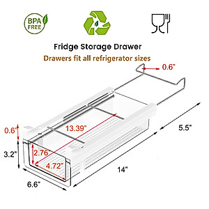 vacane Refrigerator Organizer Drawer, Clear Plastic Fridge Drawer With Handle Pull Out Fridge Bins Organizer Under Shelf Drawer for Cheese, Deli Meat, Drinks, Fruit, Vegetable, Heavy Duty-L