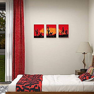 SUMGAR Red Wall Art Western Wall Decor Prints for Bedroom Bathroom, Cowboy Desert Cactus Sunset Pictures Southwest Canvas Paintings for office living room,12x16 inch