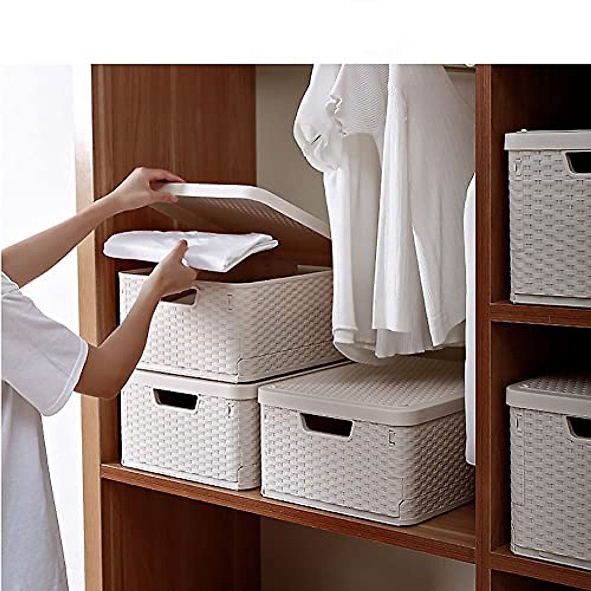 YunNasi Foldable Wardrobe Storage Box Organiser Basket Containers with Handles Folding Stackable Storage for Home,Office,Nursery School Shelf Baskets to Tidy clothes,Toys,Snacks,Books,Cosmetics (17in(L)*13in(W)*9.65in(H))