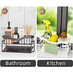 DMJWAN Kitchen Sink Caddy Organizer, 304 Stainless Steel Sponge Holder Sink Caddy with Auto Drain Tray, Holds Sponge, Dish Soap Dispenser, Cleaning Towel, Scrubber, and Utensils