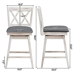 COSTWAY Bar Stool Set of 2, 360° Swivel Counter Height 25inch Bar Stool with Foot Rest Upholstered Cushion & Ergonomic Backrest, Sturdy Frame, for Pub, Restaurant, Home (2, Antique White + Grey)