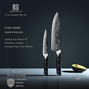 ZongChuan 8C Damascus Kitchen Knife Set 2pc,8" Chef Knife and 5.5" Utility Knife,High Carbon Stainless Steel,5-Star Sharp Standard,Black Ergonomic G10 Handle,Love's Gift Box