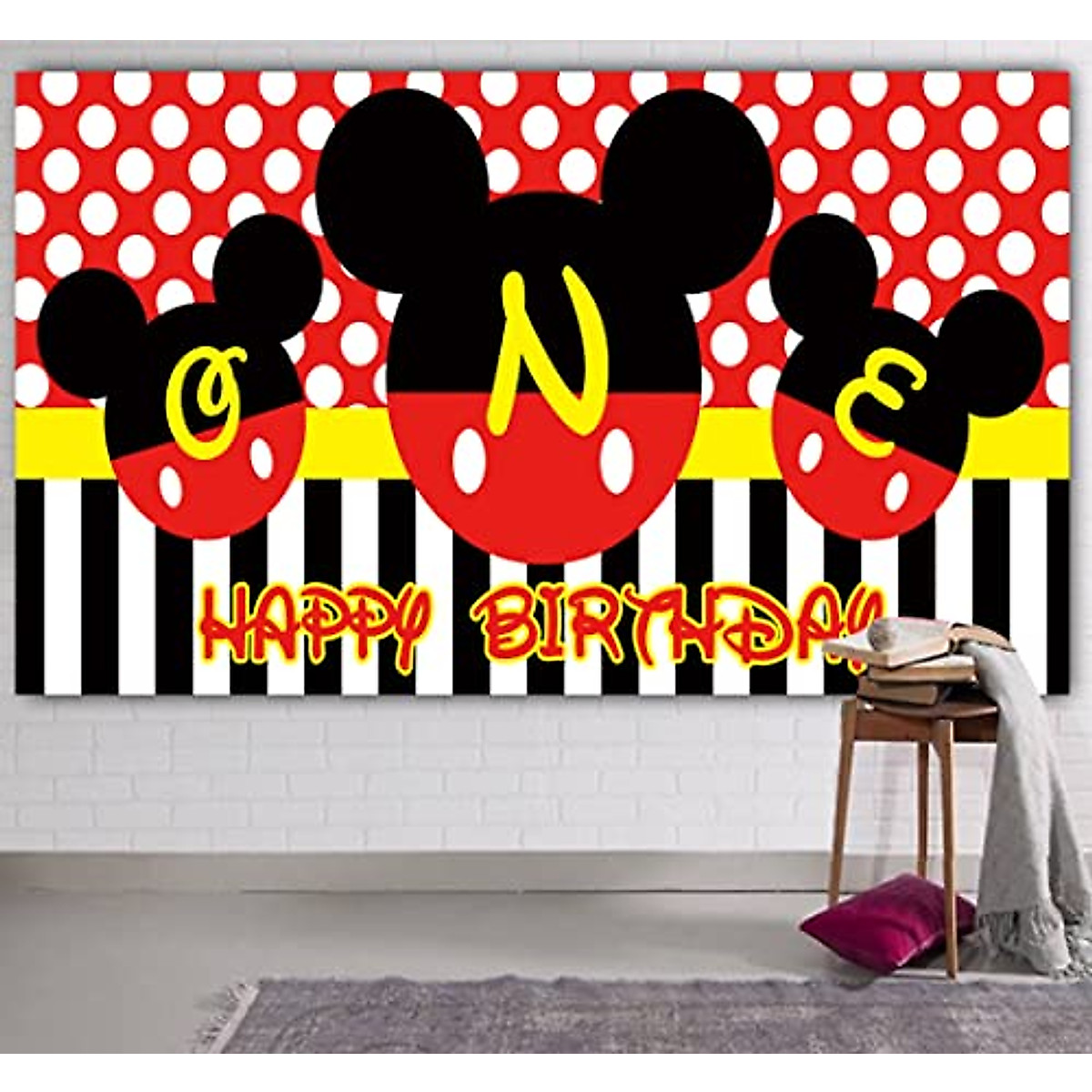 Mickey Backdrop, Mickey 1st Birthday Backdrop, Mickey Birthday Party Supplies, Large Mickey 1st Birthday Banner, Mickey Photography Background (6.6 x 3.3 ft)