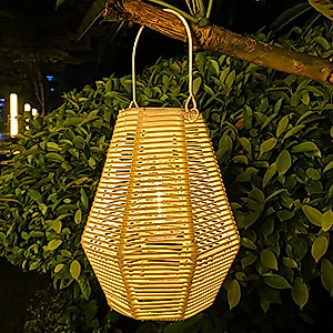Outdoor Solar Lantern Hanging Decorative Solar Rattan White Lanterns with Handle Large Solar Table Lamp Waterproof for Patio Garden Wedding Home Decor