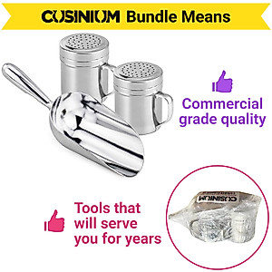 CUSINIUM Aluminium Popcorn Scoop + 2pcs Popcorn Salt Shaker with Handle Bundle