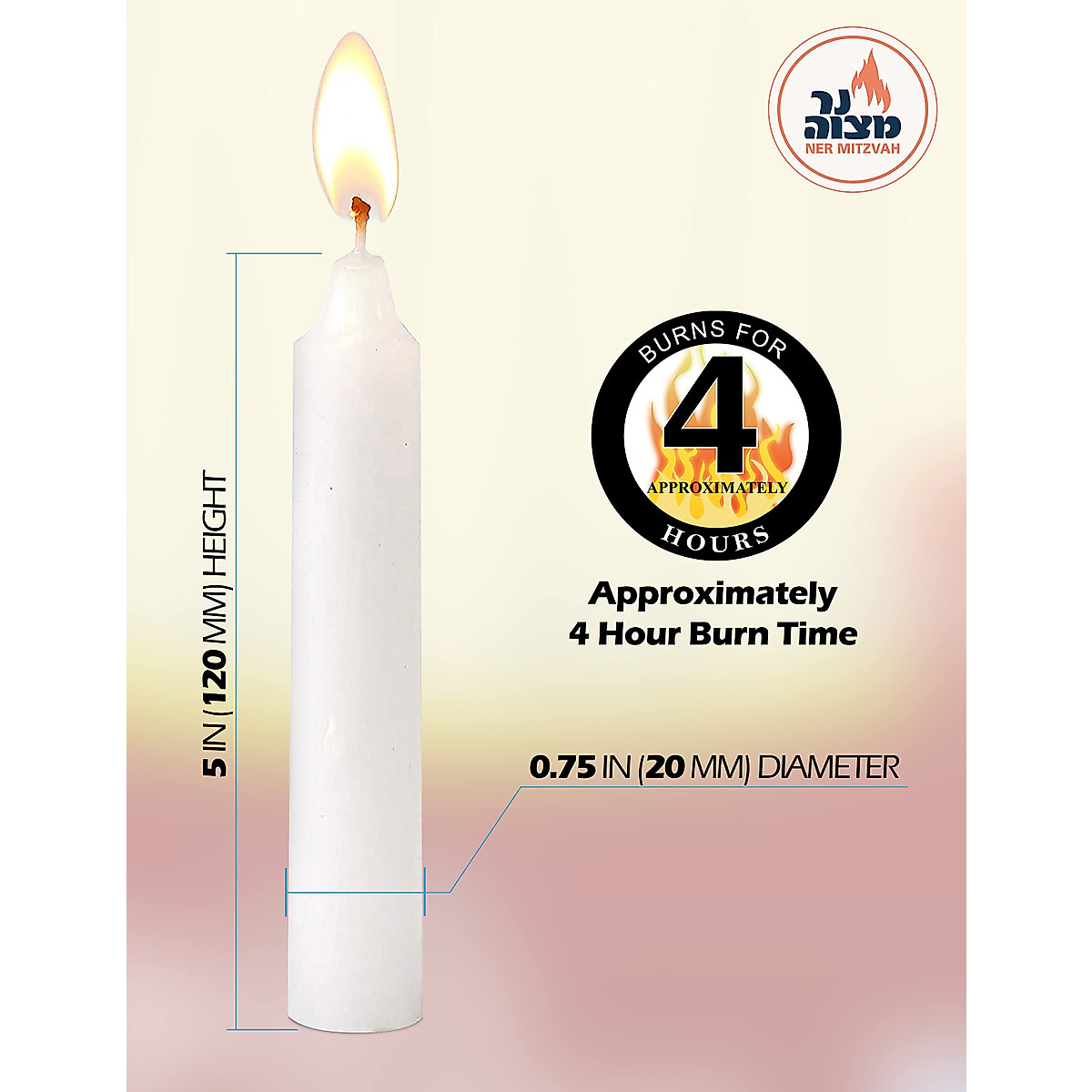 Ner Mitzvah Classic White Taper Candles – 7 Inch Candles - 60 Bulk Pack - for Shabbat Candles, Dinner Tables, Restaurants, Ceremonies and Emergency - 6 Hour Burn Time