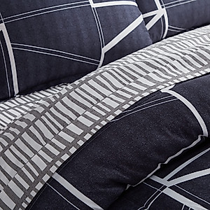 Navy Blue Bed in a Bag 7 Pieces Queen Size All Season Navy White line - Soft Microfiber Reversible Bed Comforter Set (1 Comforter, 2 Pillow Shams, 1 Flat Sheet, 1 Fitted Sheet, 2 Pillowcases)