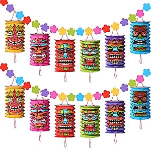 Tiki and Flowers Lanterns Banners Hawaiian Party Decorations Tiki Luau Party Decoration Tropical Decor Summer Garland Lanterns Aloha Hanging Decoration for Bars Festival Home Birthday Outdoor(2 Pcs)