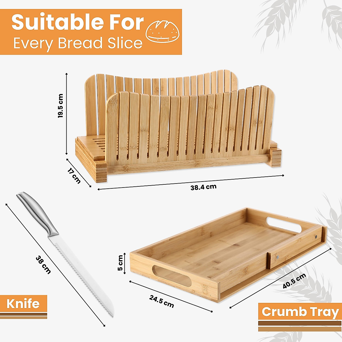 Deen Dynamics Premium Bamboo Bread Slicer for Homemade Bread, Bread Slicer with 3 Slice Thickness, Foldable bread slicer with Stainless steel knife and Compact Chopping Cutting Guide with Crumb Tray