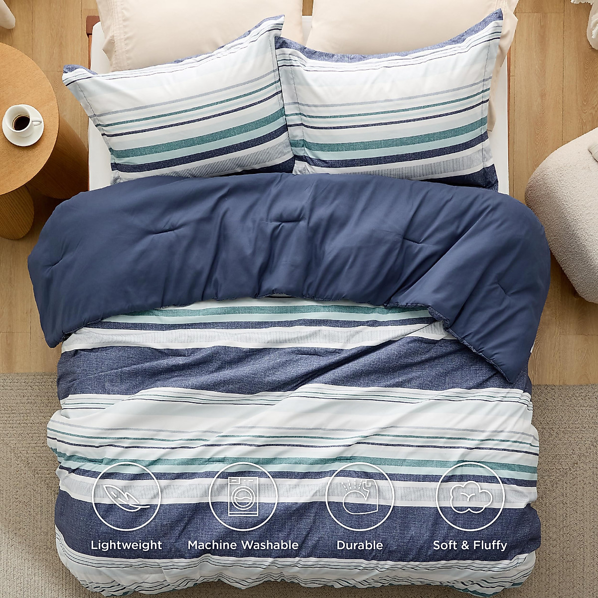 Bedsure Comforter Set Queen Size - Striped Bedding Comforter Set for Boys, 3 Pieces, 1 Soft Reversible Blue Comforter and 2 Pillow Shams