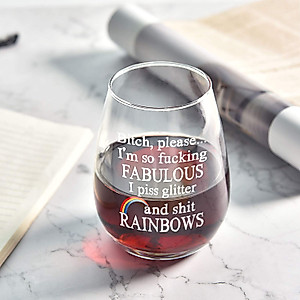 Funny Wine Glass Gift for Women 15Oz, Please I’m So Fabulous I Pee Glitter Stemless Wine Glass, Unique Inspirational Gifts for Women Best Friends Sisters BFF Girlfriends, Birthday Christmas Gifts
