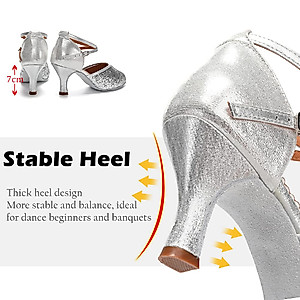 HIPPOSEUS Women's Sequins Latin Dance Shoes Silver Closed Toe Ballroom Salsa Dance Shoes for Wedding Party, 8.5 B(M) US