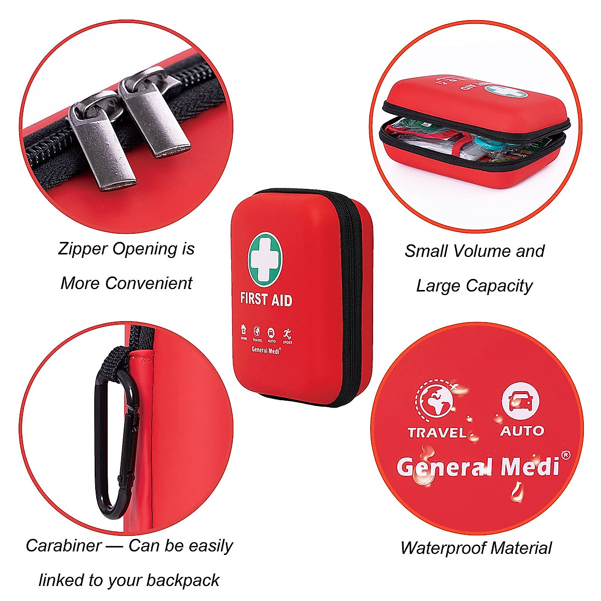 General Medi First Aid Kit - 170 Pieces Hard Case and Lightweight - Great for Travel, Home, Office, Vehicle, Camping, Workplace & Outdoor (Red)