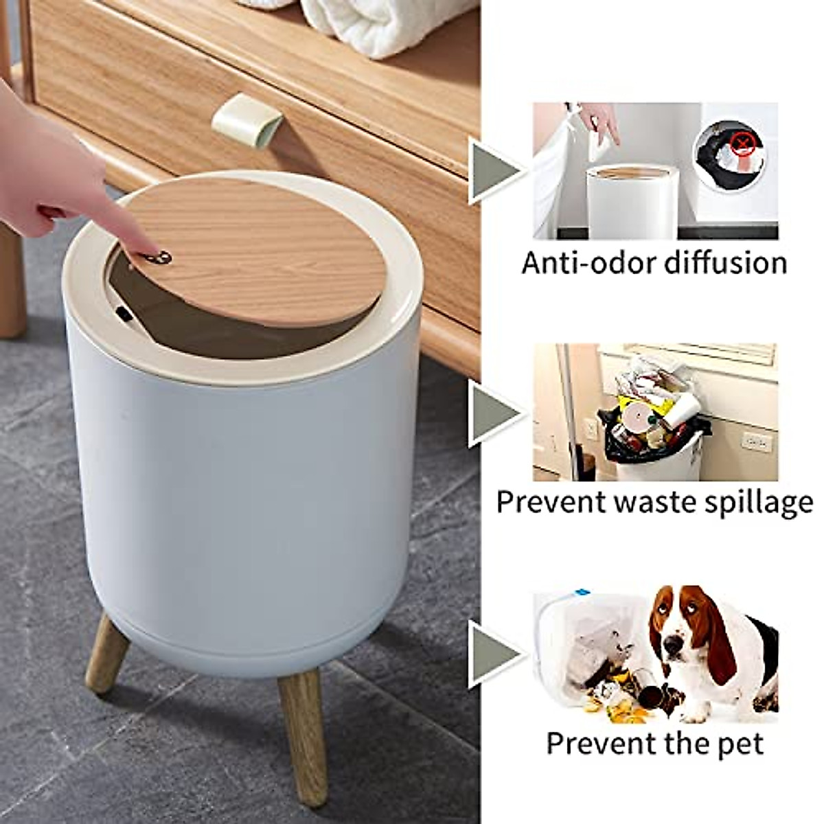 Bedroom Small Trash Can with Lid, Plastic Bathroom Garbage Can with Push Button, Nordic Trash Cans, White Trash Bin Waste Basket Suitable for Kitchen,Living Room,Office ,Dog Proof Trash can (1.8 Gal Round)