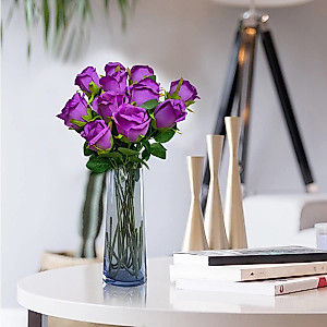 Daggnol Artificial Purple Rose Flowers Silk Rose Realistic Fake Rose with Stem Rose Bouquet for Wedding Bridal Party Home Garden Decor (12PCS Purple)
