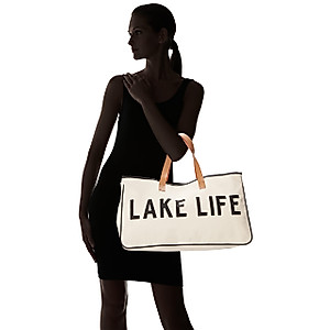 Santa Barbara Design Studio Tote Bag Hold Everything Collection Black and White 100% Cotton Canvas with Genuine Leather Handles, Large, Lake Life