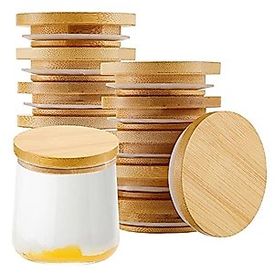 Sawysine Yogurt Jar Lids Set Reusable Bamboo Wooden Lids Round Canning Lids with Silicone Sealing Rings Compatible with Oui Yogurt Jars for Mugs and Jars (12)