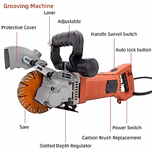 VICSEC Electric Wall Grooving Cutting Machine Chaser 110V for Slotting Brick Granite Marble Concrete Grooves With 5Pcs 5Inch 133mm Diameter Saw Blades Dustproof and Line Infrared Sighting