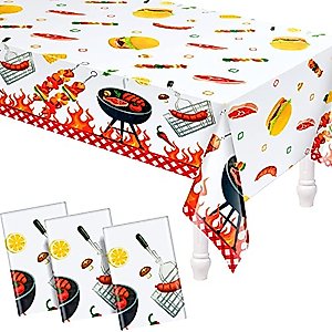 Plastic BBQ Party Tablecovers 86 x 51 inches Disposable Printed BBQ Party Tablecloth for Outdoor Indoor Birthday Barbecue Party Decoration Stain Resistant and Easy to Clean(3 Pack)