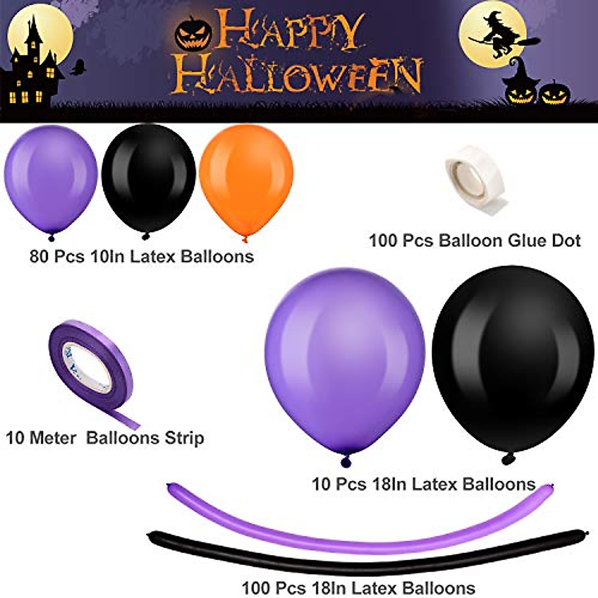 202 Pieces Halloween Balloon Garland Arch kit 13 Inch and 24 Inch Black Orange Purple Latex Balloons, Balloon Tap Strip, Adhesive Dots for Halloween Party Decorations Supplies
