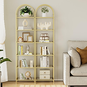 Homhedy 6-Tier Bookshelf Arched Display Racks, Metal Bookcase, Tempered Glass Shelves, Slim Storage Rack Shelf for Home Office, Living Room, Bedroom, Bathroom, Modern Style, Golden