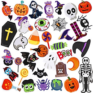 36pcs Halloween Autumn Iron on Patches Halloween Embroidered Sew Applique Repair Patch Cute Skull Pumpkin Ghost Black Cat Witch Bats DIY Crafts for Clothing Jacket Jeans Pants Dress Backpack Hat Decor