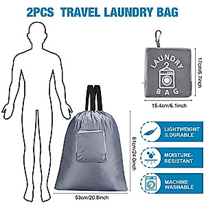 2 Pcs Travel Laundry Bag Dirty Clothes Bag Travel Bags Dirty Laundry Travel Bag Foldable Dirty Clothes Bag for Traveling Women Travel Accessories with Zipper Drawstring for Camp Gym (Gray, Black)