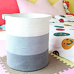 Casaphoria Cotton Rope Storage Basket for Organizing,Round Blanket Basket Living Room,Woven Laundry Basket with Handles for Bathroom Bedroom,Stripe Woven Cotton Laundry Hamper,Tall Laundry Basket