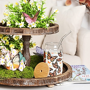 Nefelibata Monarch Butterfly Beer Can Glass Color Changing Iced Coffee Glass 16 OZ Orange Butterflies Art Glass Mug Present with Lid Drinking Straw Spring Summer Memorial Gifts for Mom Aunt Friend