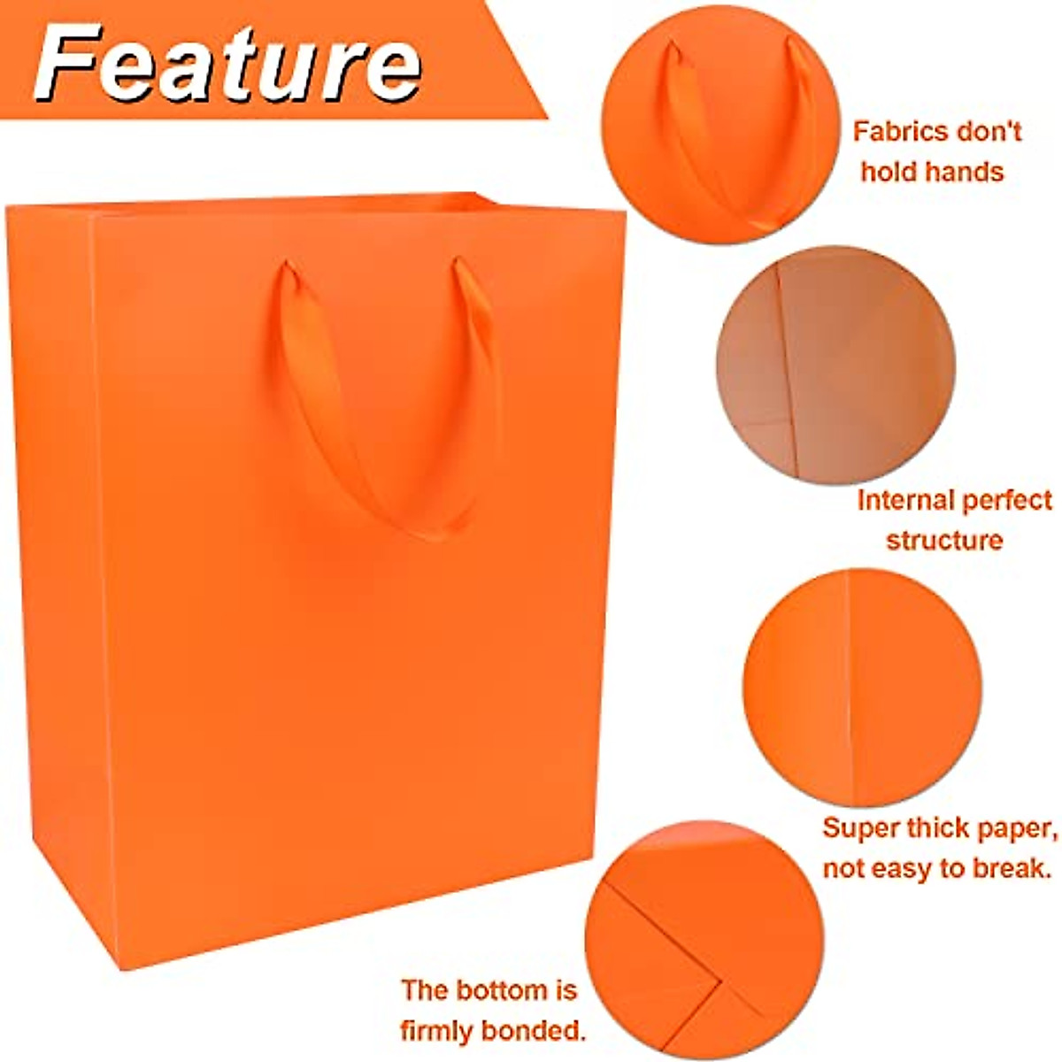 10 Pcs Orange Paper Gift Bag Wide Handle Cardstock Paper Bags All-Occasion Paper Bags Heavy Duty Shopping Bags Reusable Business Bag Vogue Paper Gift Bags Take Out Bags with Tissue,9.8"*5.1"*12.6"