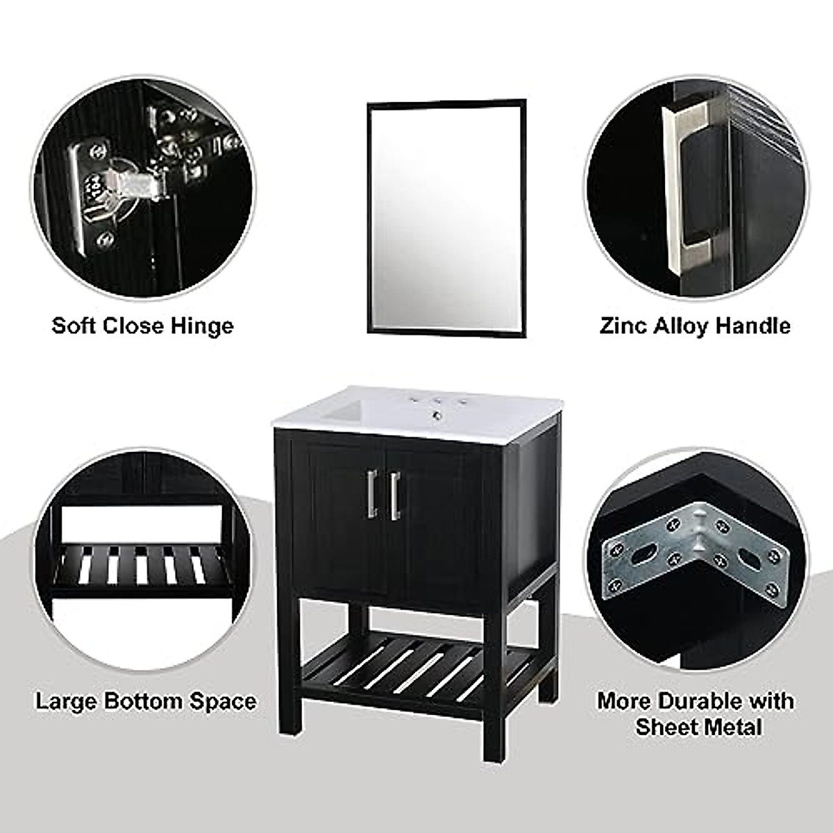 LUCKWIND 24" Black Bathroom Vanity Sink Combo, Modern Bathroom Cabinet with Space Save Bottom Shelf, Overflow 3-Hole Drop in Ceramic Vessel Sink Top & Mirror, Excluding Faucet
