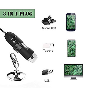 USB Microscope,1000x Magnification Endoscope, 8 LED USB 2.0 Digital Microscope, Mini Camera with OTG Adapter and Metal Stand, Compatible with Mac Window 7 8 10 Android Linux (Black)