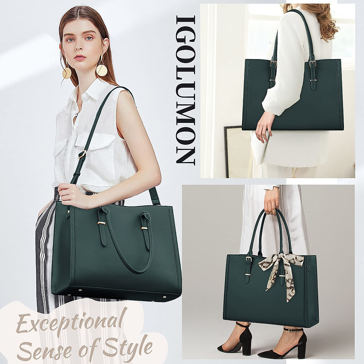 Laptop Bag for Women 15.6 inch Waterproof Laptop Tote Work Bag Leather Computer Tote Briefcase Bag Office Professional Large Capacity Handbag School Shoulder Green