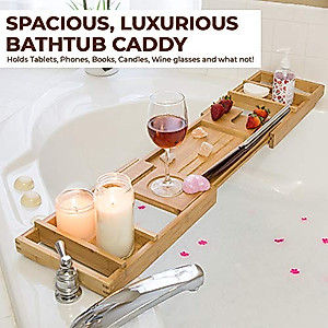 SaverState Luxury Bathtub Caddy Tray, 1 or 2 Person Bath and Bed Tray, Bath Tub Table Caddy with Extending Sides - Free Soap Dish (Natural)