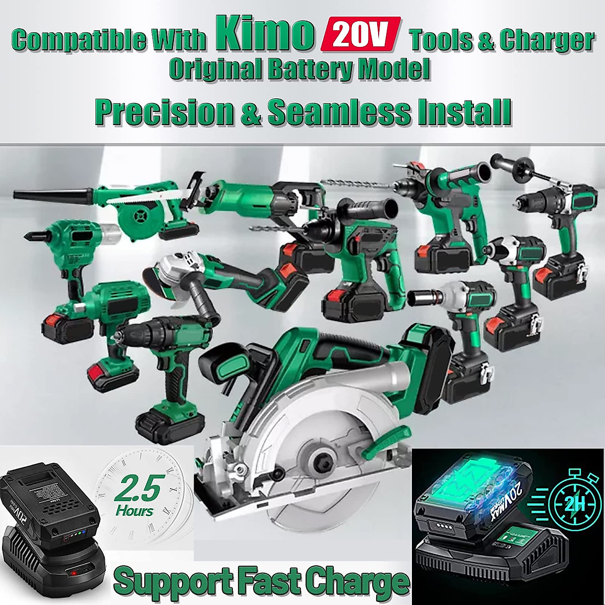 【Upgrade】 2Pack CaliHutt 6000mAh Replacement Battery for KIMO 20V Lithium Battery for KIMO 20V Cordless Blower Wrench Nailer Drill