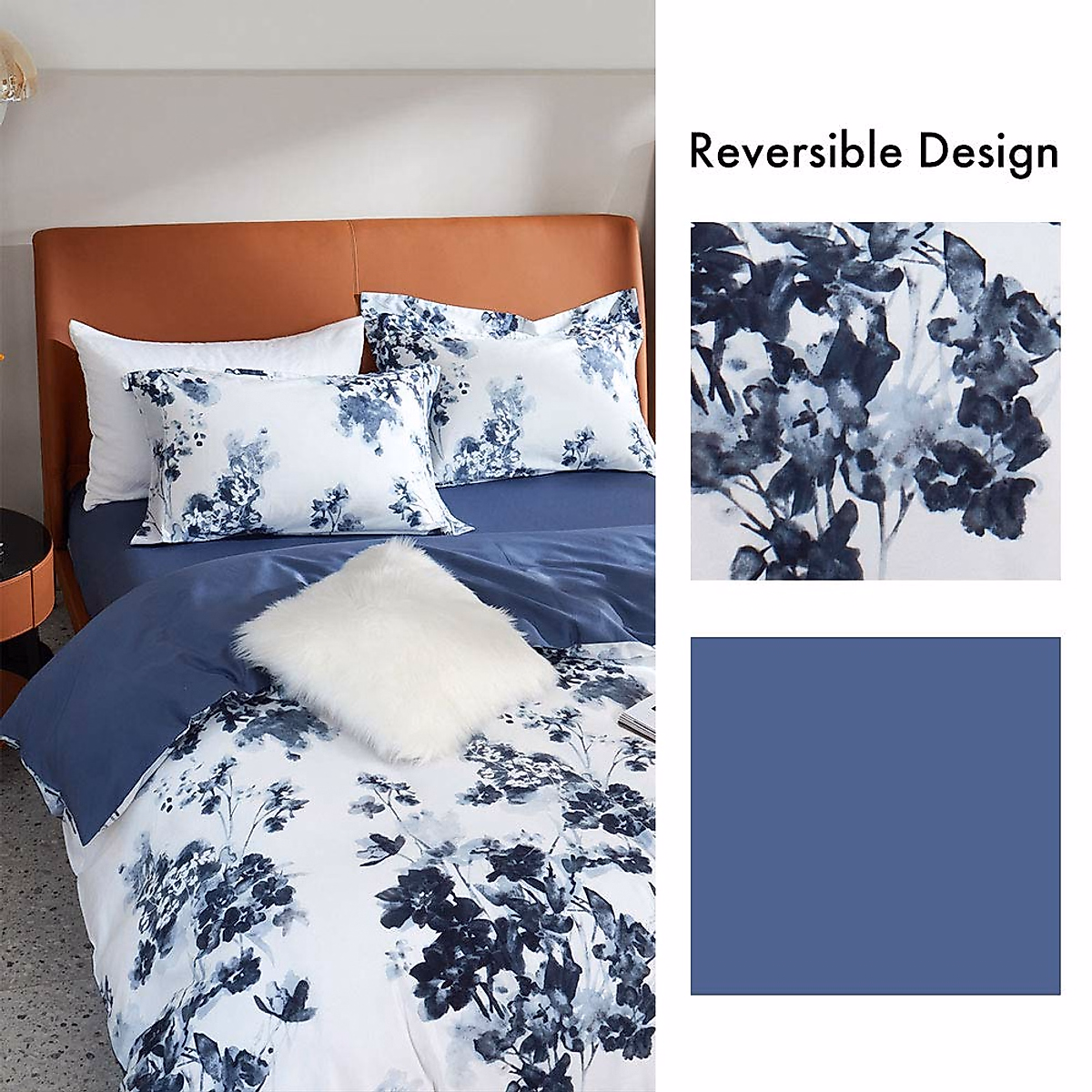 MILDLY 100% Long Staple Cotton Duvet Cover Set Navy Blue Leaves Printed Comforter Cover Set Watercolor Plant Floral