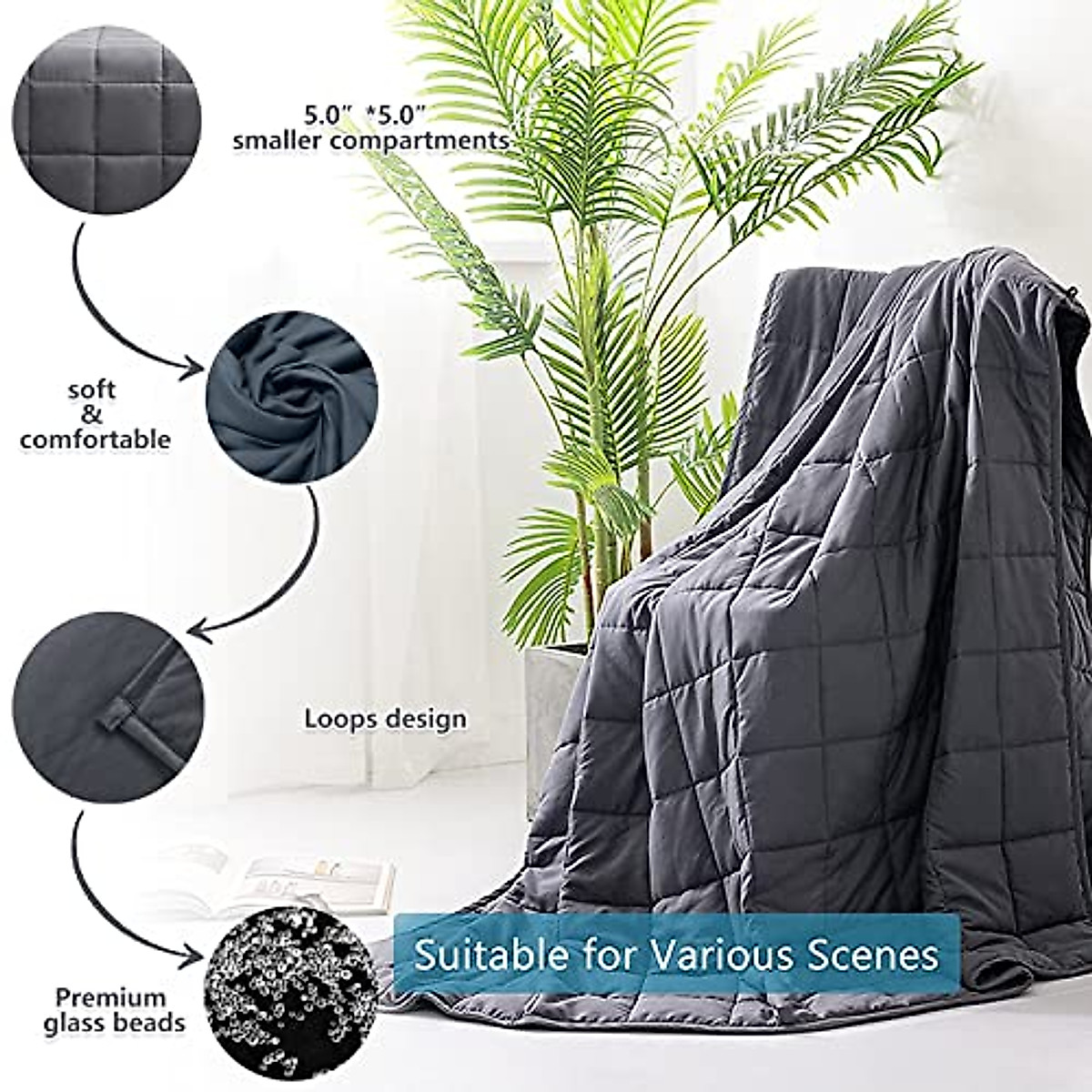 ZFITEI Weighted Blanket 60"x80" 20 Lbs for Adults Blankets（Dark Grey）