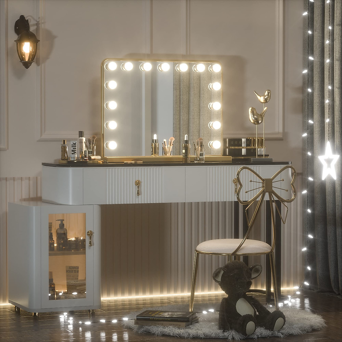 Keonjinn Gold Vanity Mirror with Lights, 15 Replaceable Bulbs Hollywood Makeup Mirror with 2 Replacement Bulbs, 3 Color Lights, Aluminum Metal Frame, USB Charging Port, 23" x 18" Large Lighted Mirror