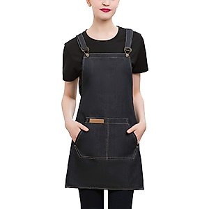 Denim Cross-Back Chef Bib Apron with Pockets for Men and Women (Black)